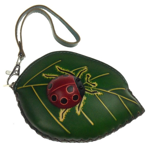 Bags | Ladybug On Green Leaf Leather Coin Change Purse Wallet Wristlet ...